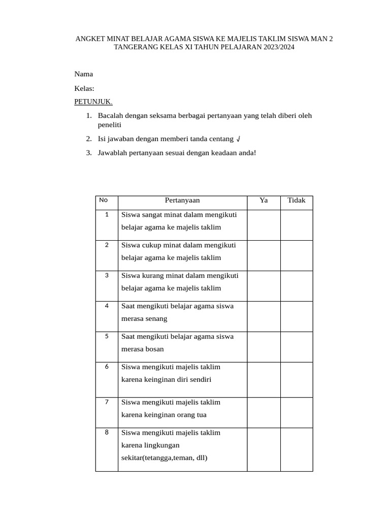 Angket Minat Belajar Agama Siswa Ke Majelis Taklim Siswa Man 2 ...
