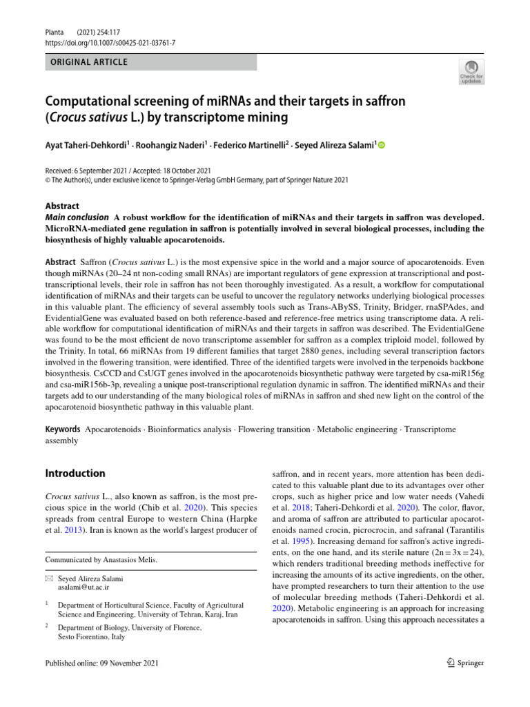 Computational Screening of miRNAs and Their Targets in Safron (Crocus ... Computational Screening of miRNAs and Their Targets in Safron (Crocus ...