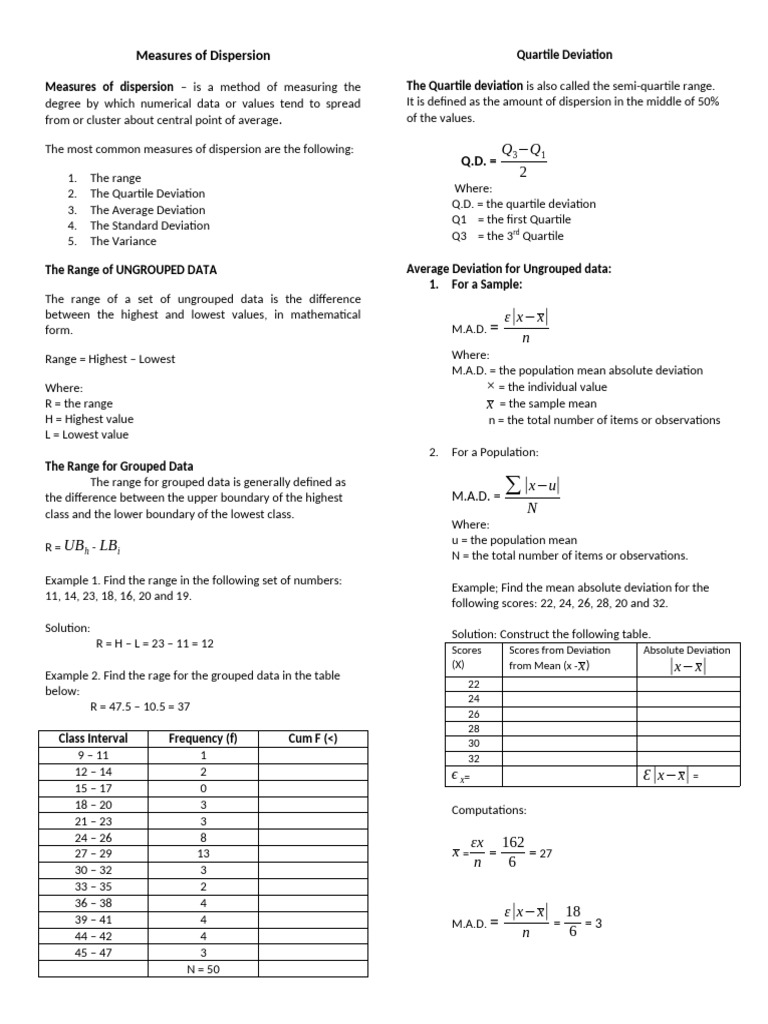 Lecture Notes in Measures of Dispersion Autosaved | PDF | Mean | Quartile