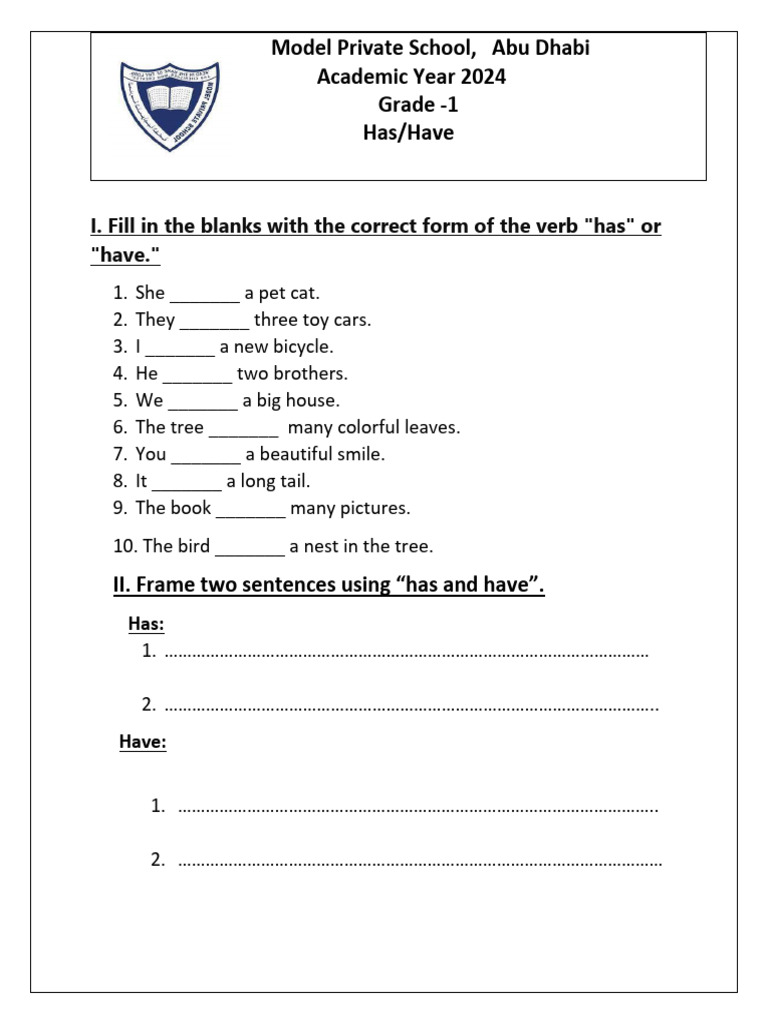 Grade 1 Has/Have Worksheet | PDF