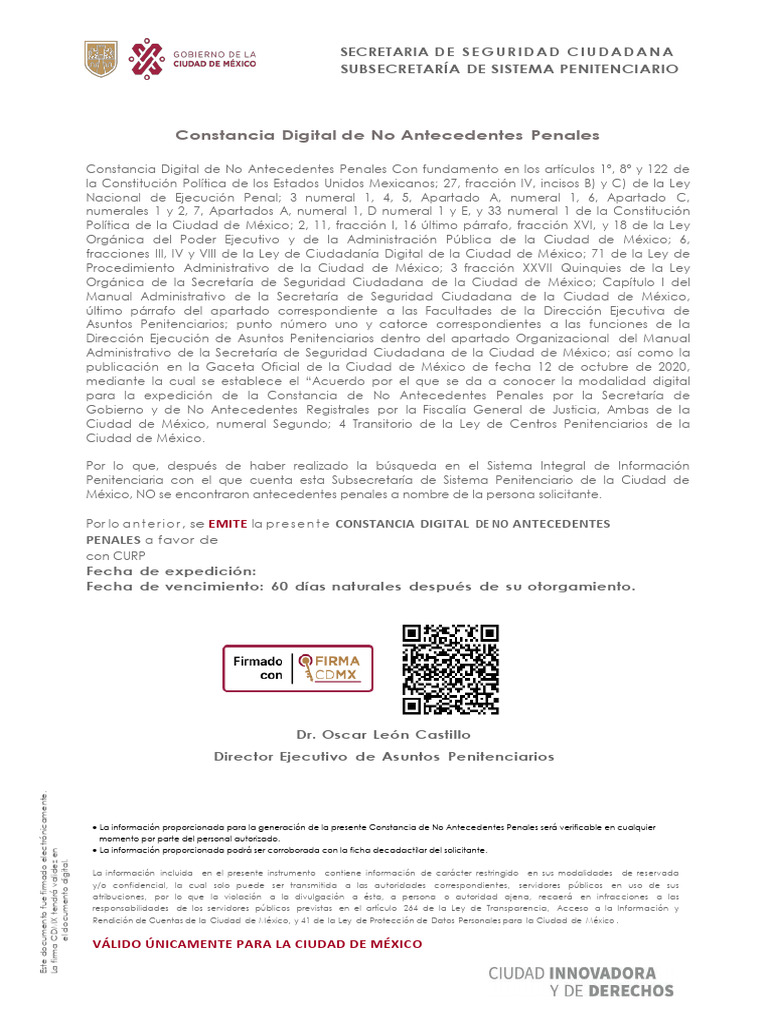 Constancia Digital de No Antecedentes Penales: Ciudad de México, A 5 de ...