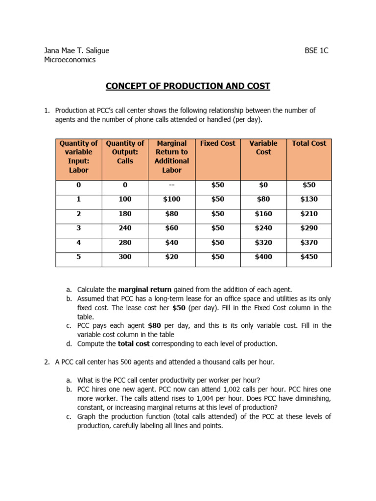 Concept of Production and Cost Exercises Answers | PDF | Opportunity Cost | Cost