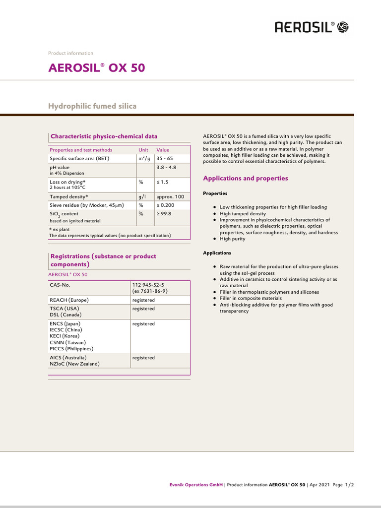 AEROSIL OX 50 EN EN Asset 365878 | PDF | Chemical Substances | Physical Sciences