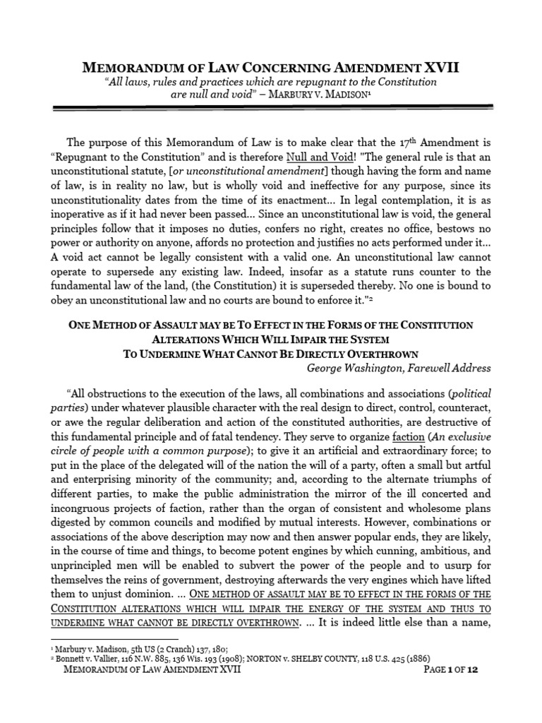 Amendment XVII | PDF | Nullification (U.S. Constitution) | Article One ...