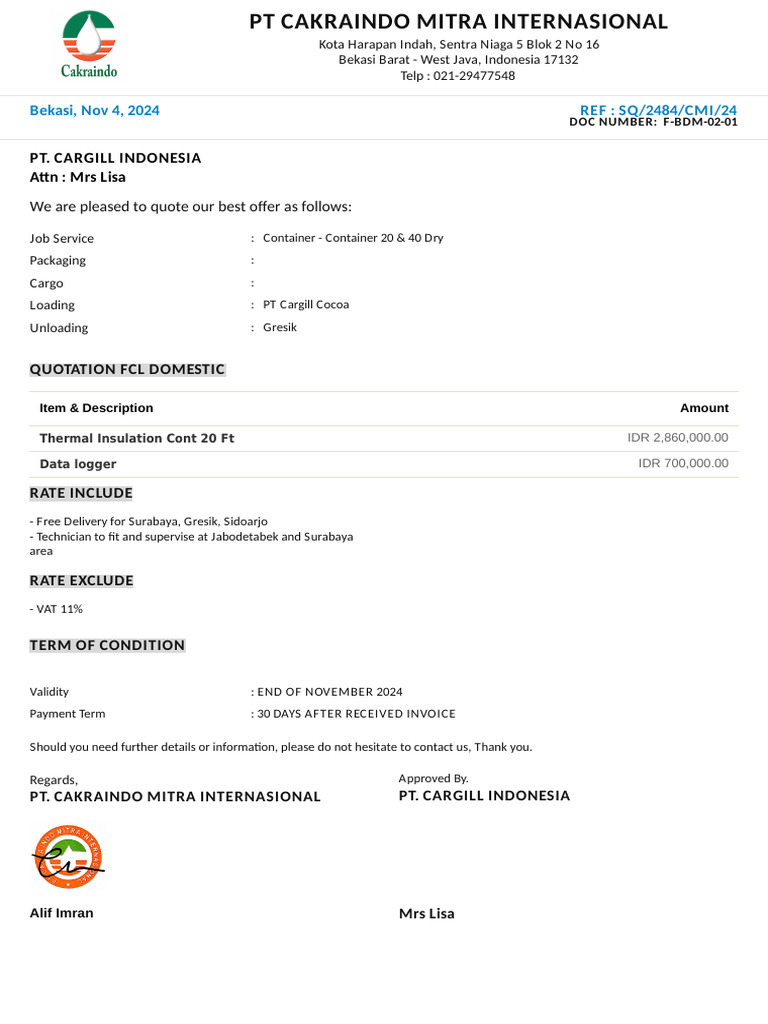 Quotation FCL Domestic Cargill Rev | PDF