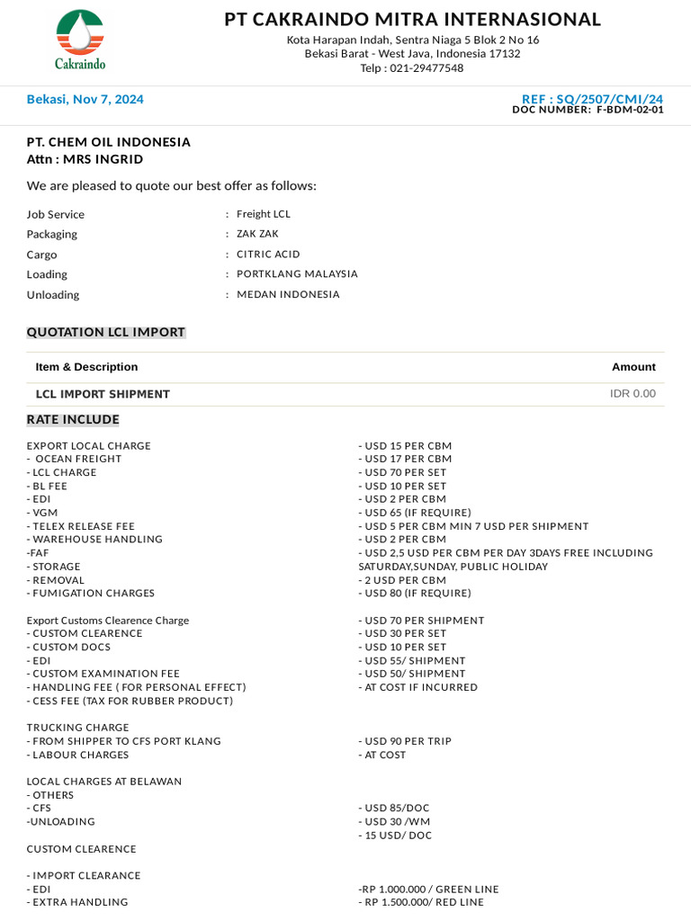 Quotation LCL Import Chem Oil | PDF | Cargo | Freight Transport
