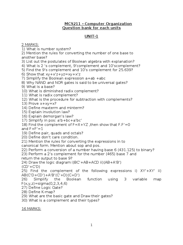 MC9211 - Computer Organization Question Bank For Each Units UNIT-1 ...