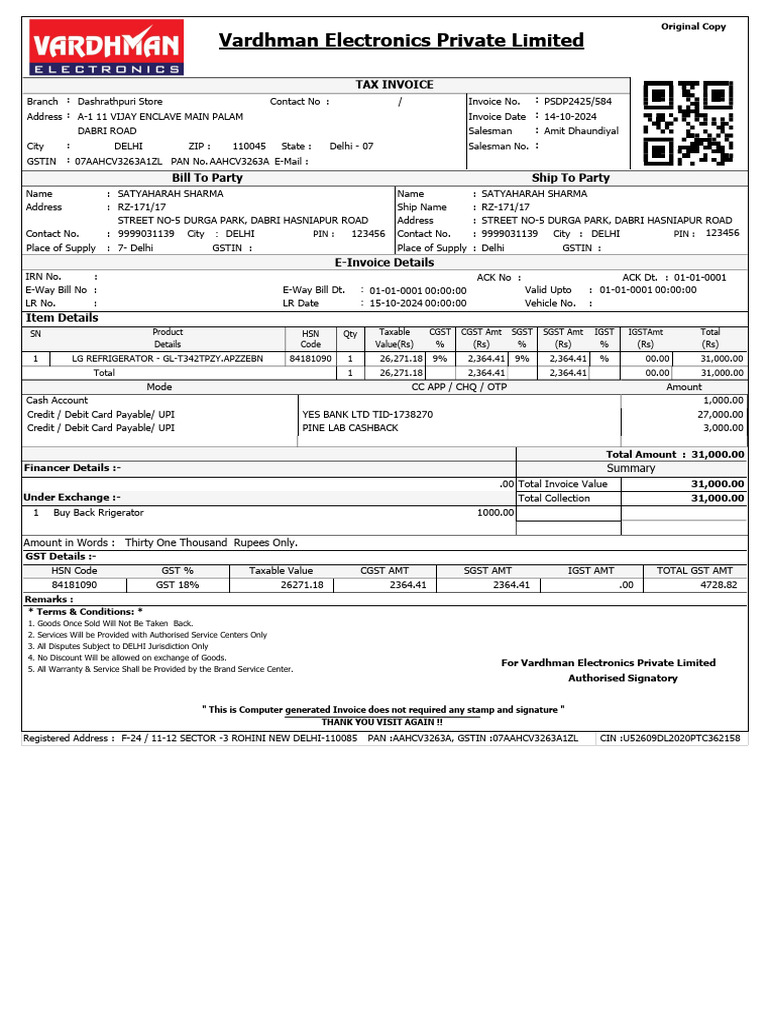 Vardhman Electronics Private Limited: Tax Invoice | PDF | Invoice ...
