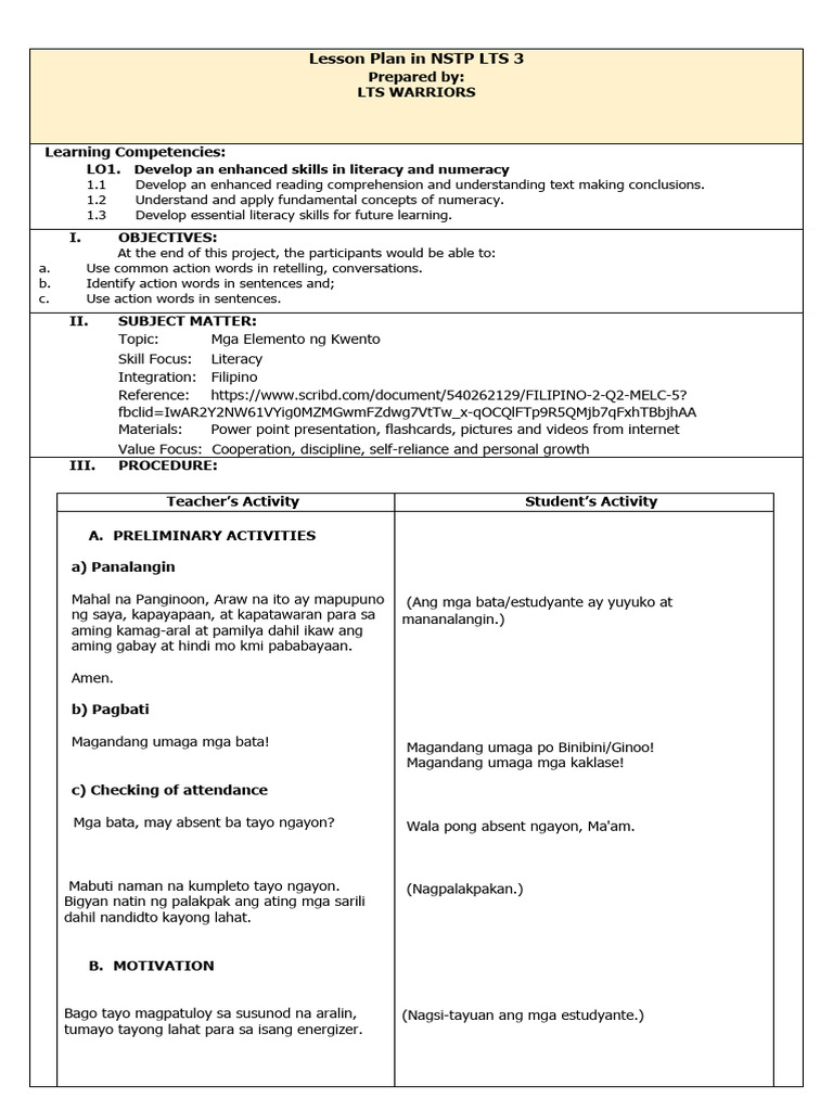 LTS Warriors Lesson Plan 3 | PDF