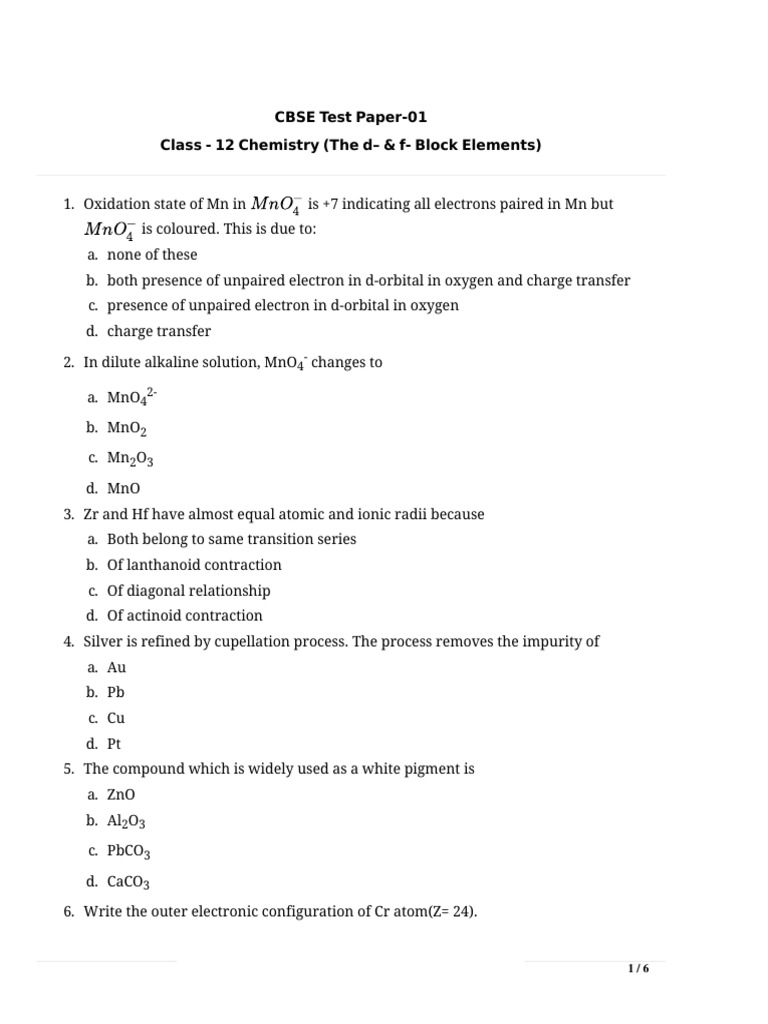 Cbse Test Paper-01 Class - 12 Chemistry (The D - & F-Block Elements ...