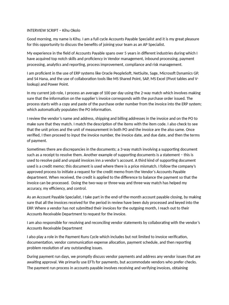 Interview Script - AP Specialist | PDF | Accounts Payable | Business