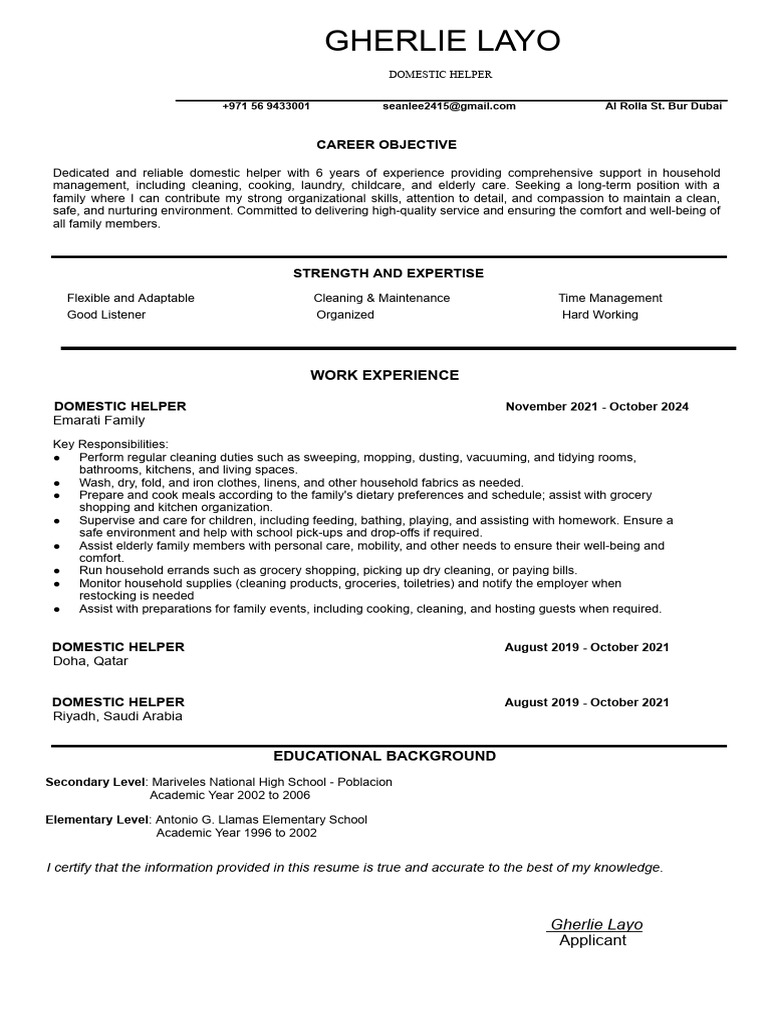 Gherlie CV2024 | PDF | Domestic Worker | Home