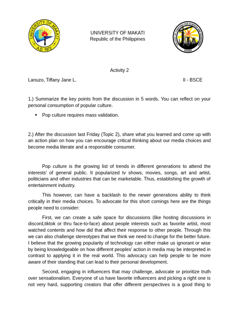 Lanuzo Activity 2 BUSCOM | PDF | Popular Culture | Thought