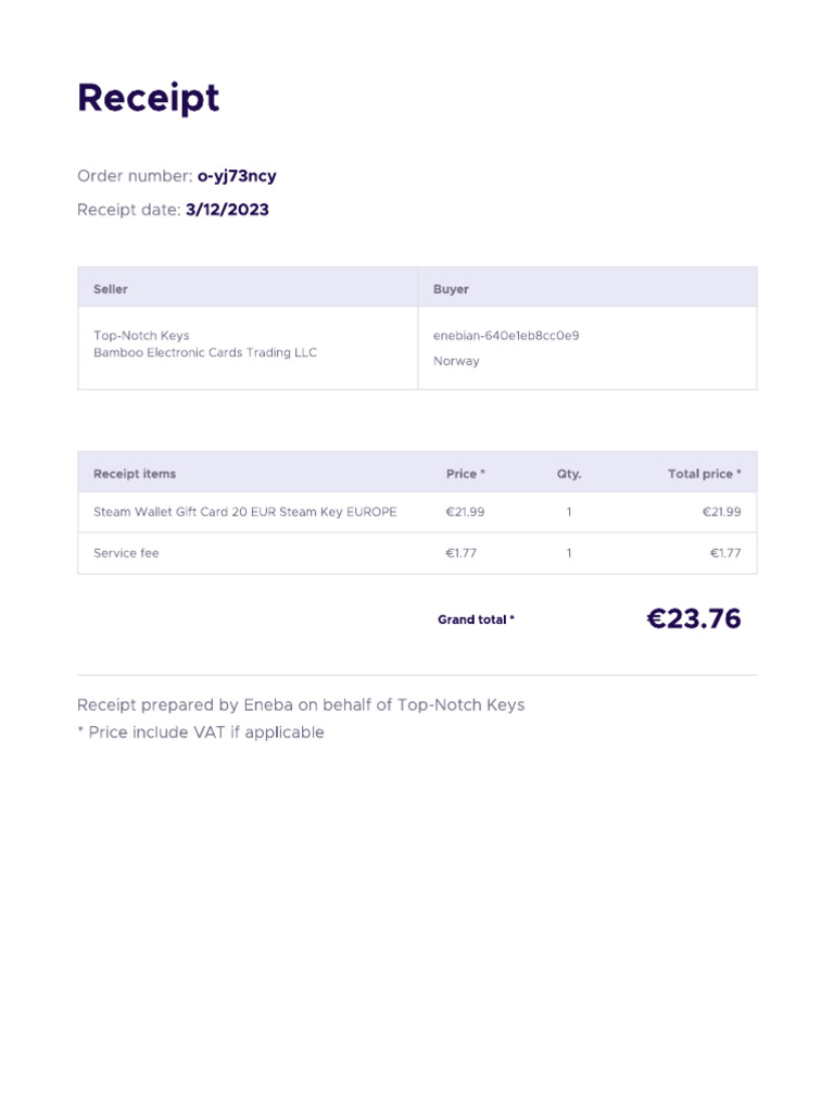 Steam Giftcard 20euro Receipt (Key Dont Work) | PDF