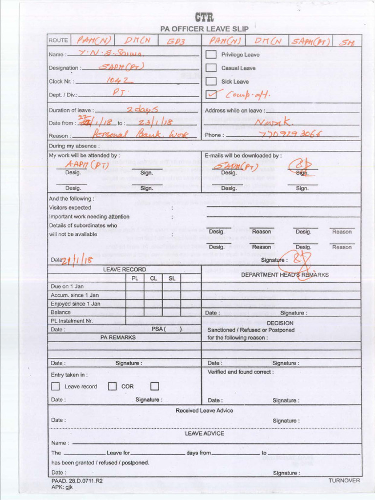 Sapm (PT) Leave Form 2 To 4-1-18, 13-1, 22 - 24-1-18 | PDF