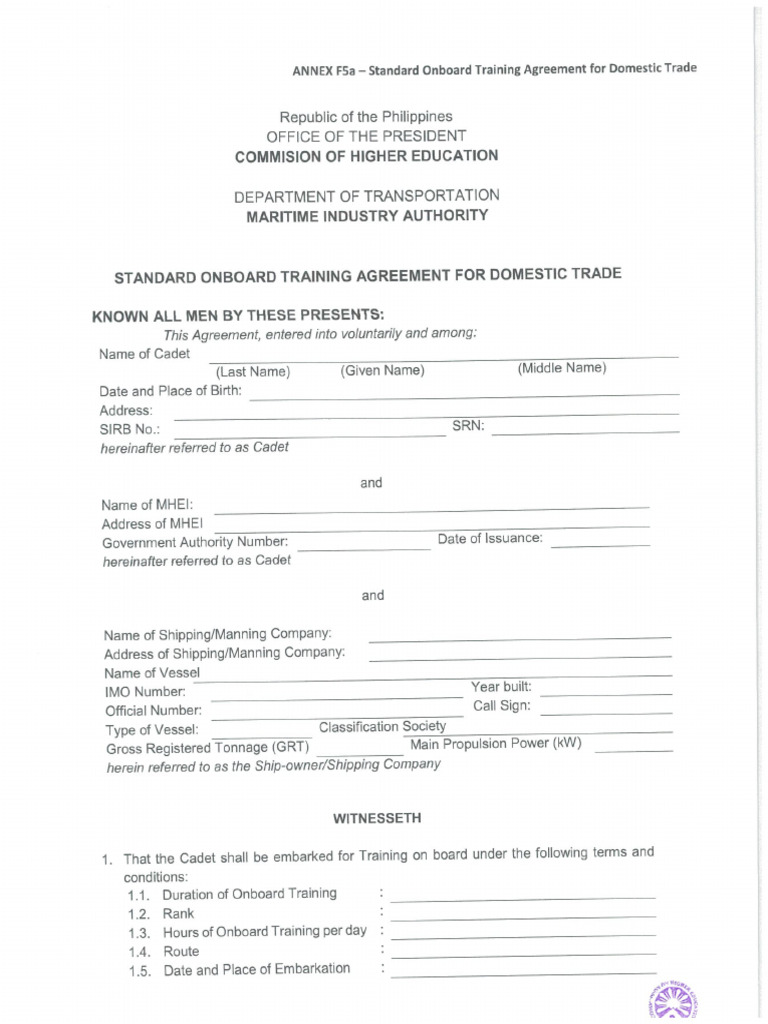JCMMC 1 S. 2023 ANNEX F5a Standard OBT Agreement Domestic | PDF