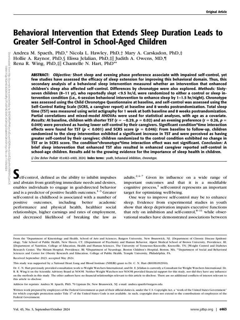 Sleep Intervention Boosts Kids' Self-Control | PDF | Psychology ...