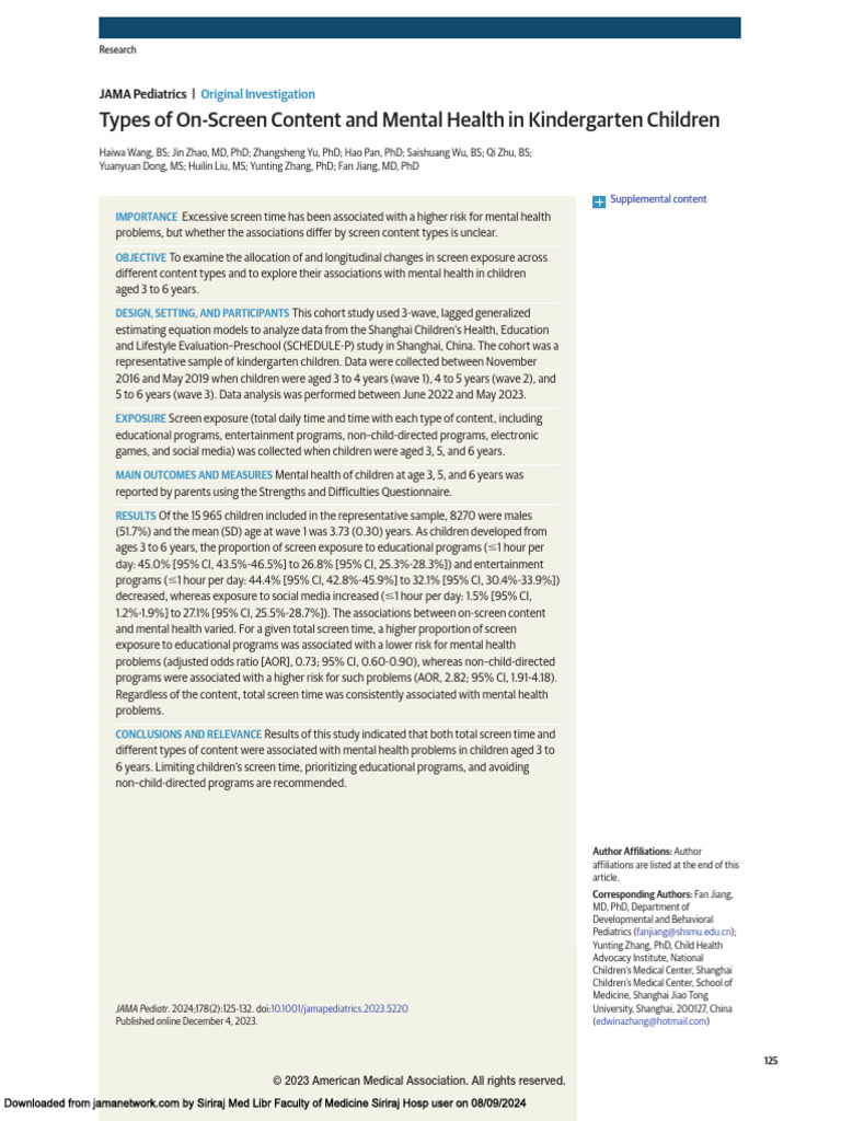 Types of On-Screen Content and Mental Health in Kindergarten Children ...