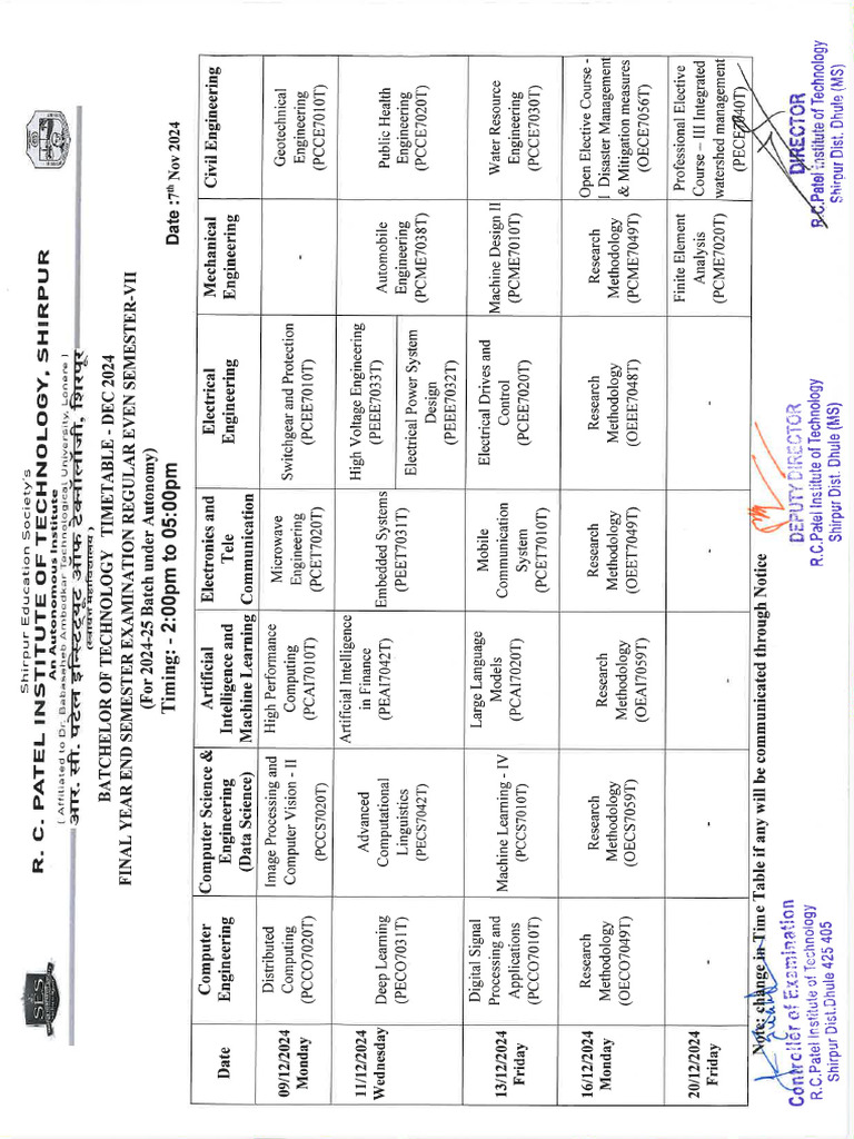 BTECH ODD SEM - VII ESE 2024 Time Table | PDF