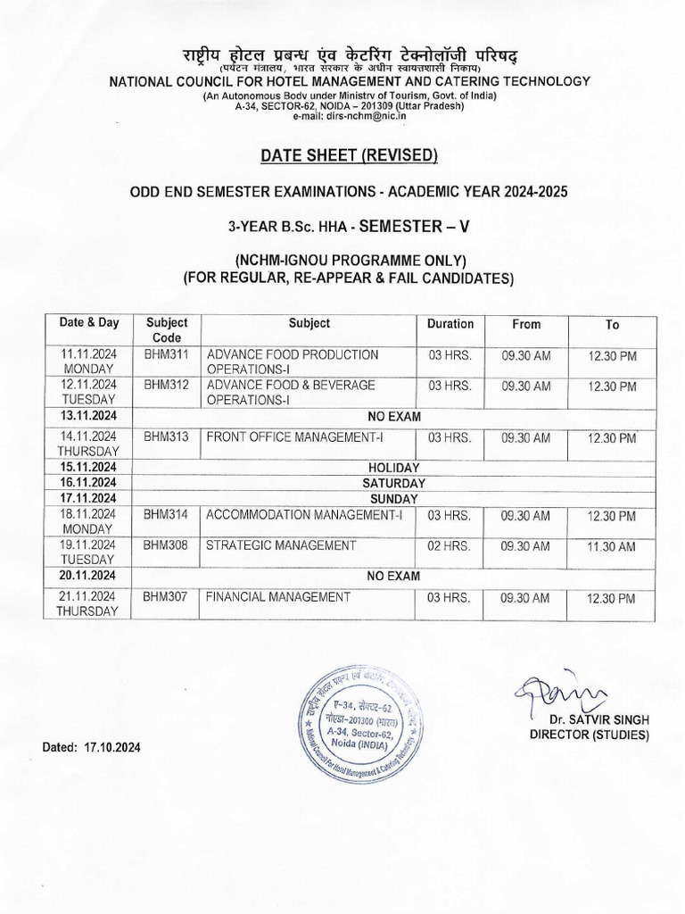 Revised Date Sheet ODD End Semester Examinations - 2024-25 | PDF
