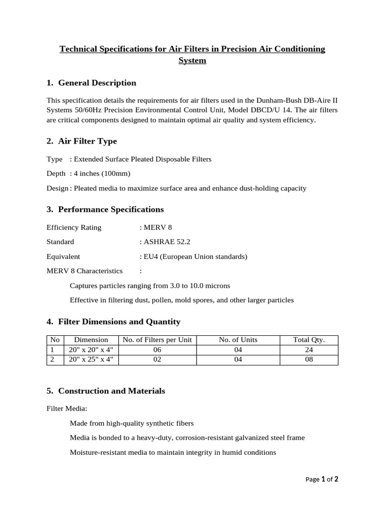 Technical Specifications For Air Filters in Precision Air Conditioning System | PDF ...