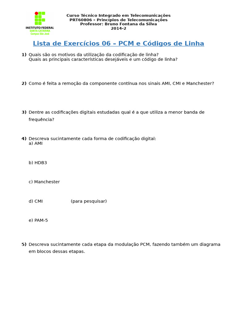 Exercícios sobre Codificação em Telecomunicações | PDF ...