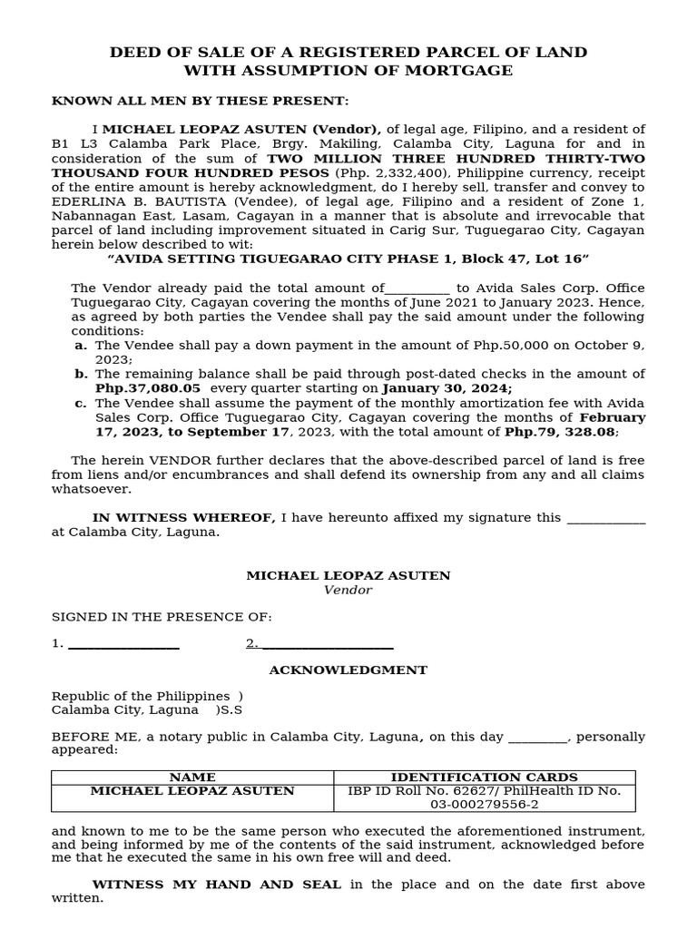 Deed of Sale: Land with Mortgage Assumption | PDF | Property Law ...