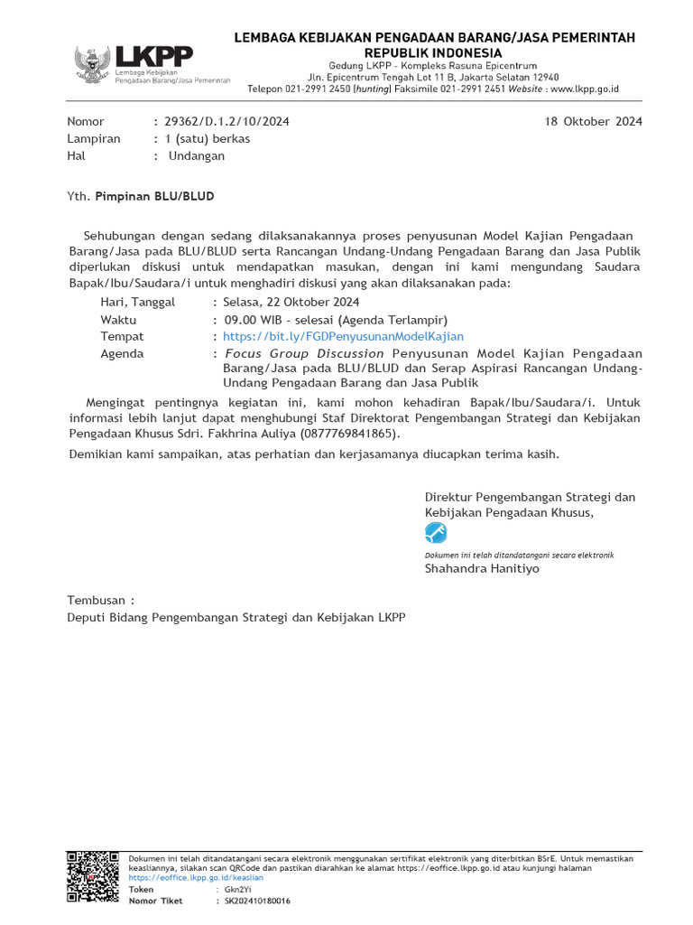 Undangan FGD Penyusunan Model Kajian PBJ BLU BLUD | PDF | Bisnis