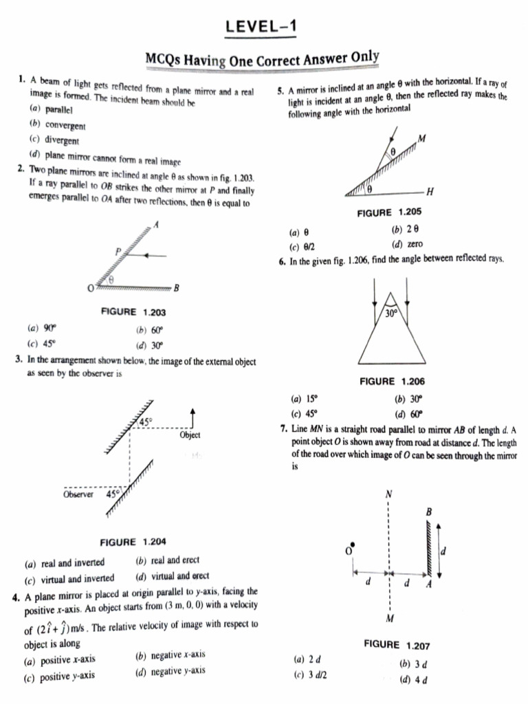 Geometrical Optics Level - 1 (WS) | PDF | Refraction | Reflection (Physics)