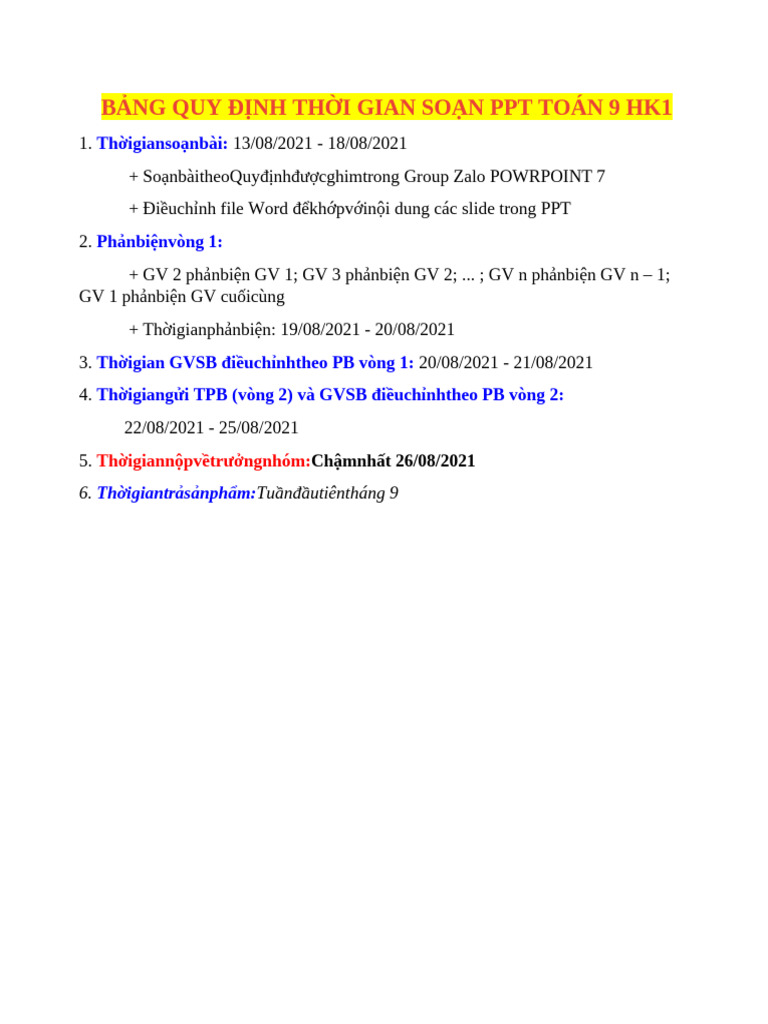 Bảng Quy Định Thời Gian Soạn Ppt Toán 9 Hk1 | PDF