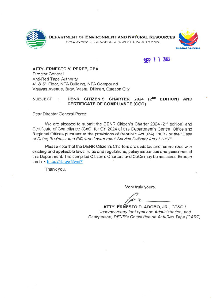 LETTER TO DIRECTOR GENERAL PEREZ-Submission of DENR CC 2024 2nd Edition ...
