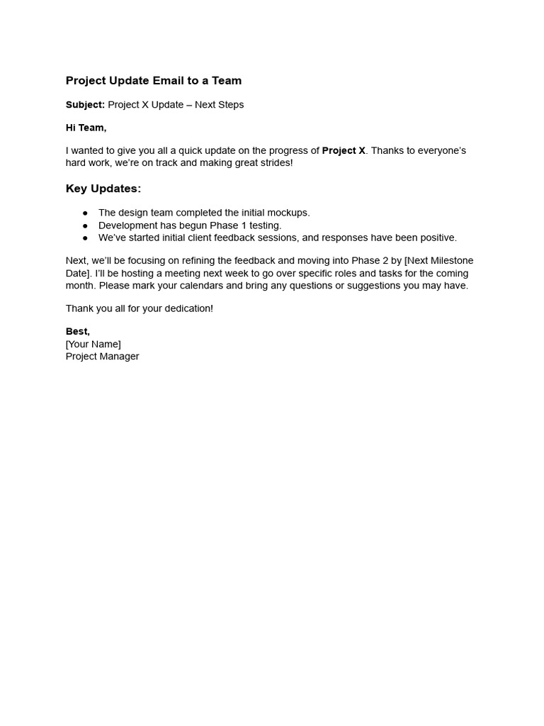 Project Update Email To A Team Subject - Project X Update - Next Steps ...