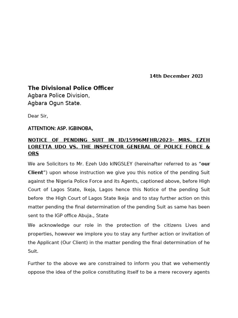 Advance Notice of Court Proceeding Agbara | PDF