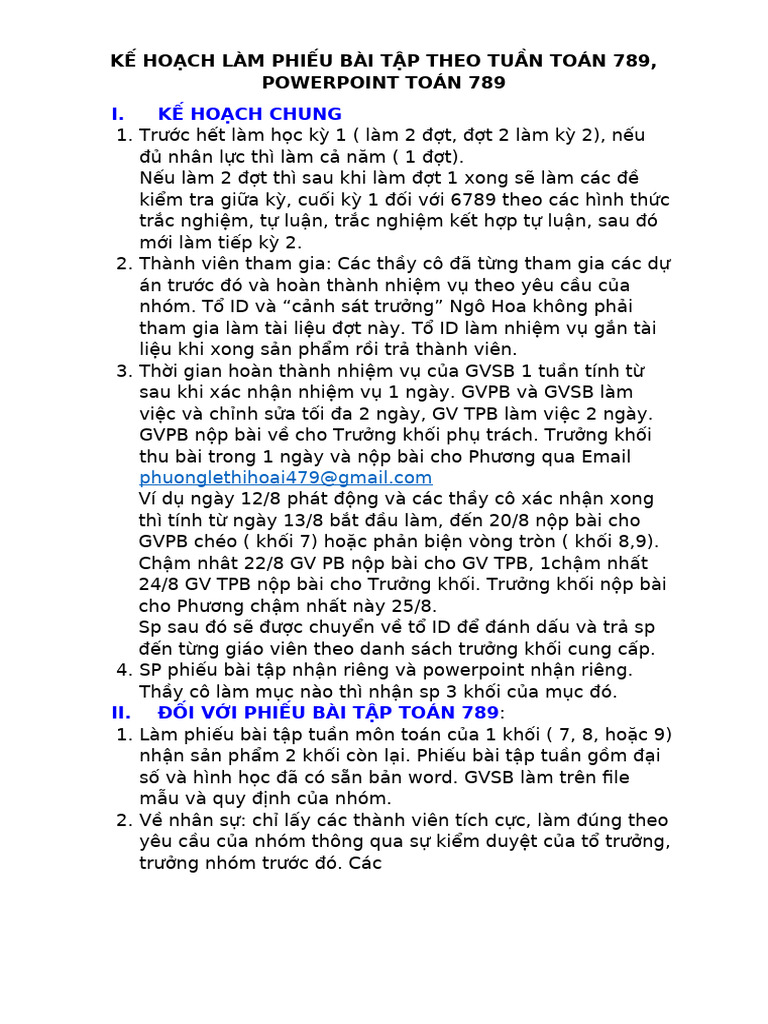 KẾ HOẠCH LÀM PHIẾU BÀI TẬP THEO TUẦN TOÁN 789 | PDF