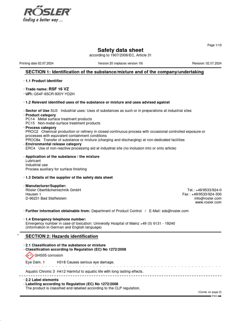 Sds rsf16vz Eu en 20240702 | PDF | Toxicity | Dangerous Goods