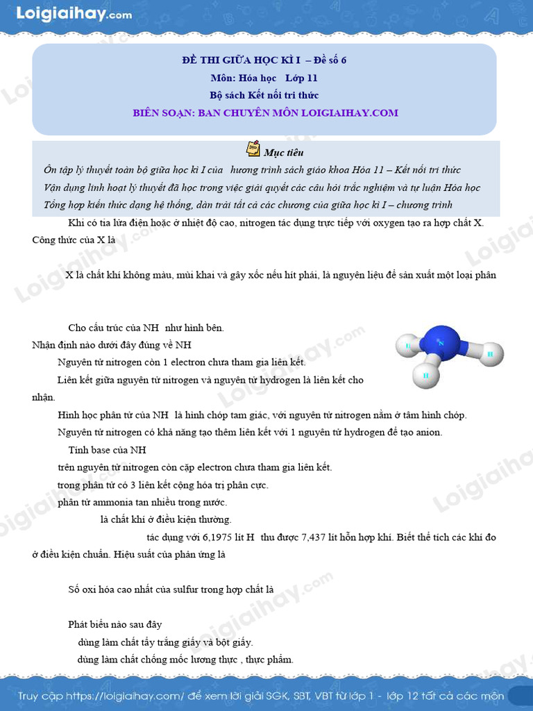 De Thi Giua Ki 1 Hoa 11 Ket Noi Tri Thuc de So 6 1728547879 | PDF