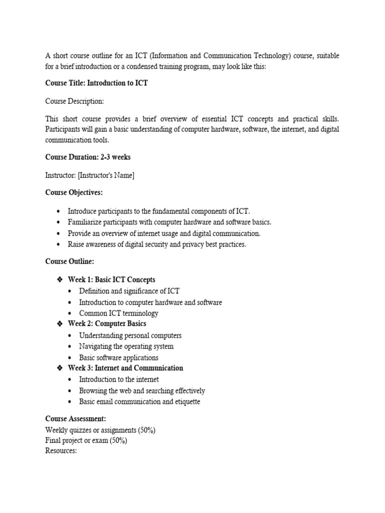 Course Outline Ict | PDF | Educational Technology | Microsoft Excel