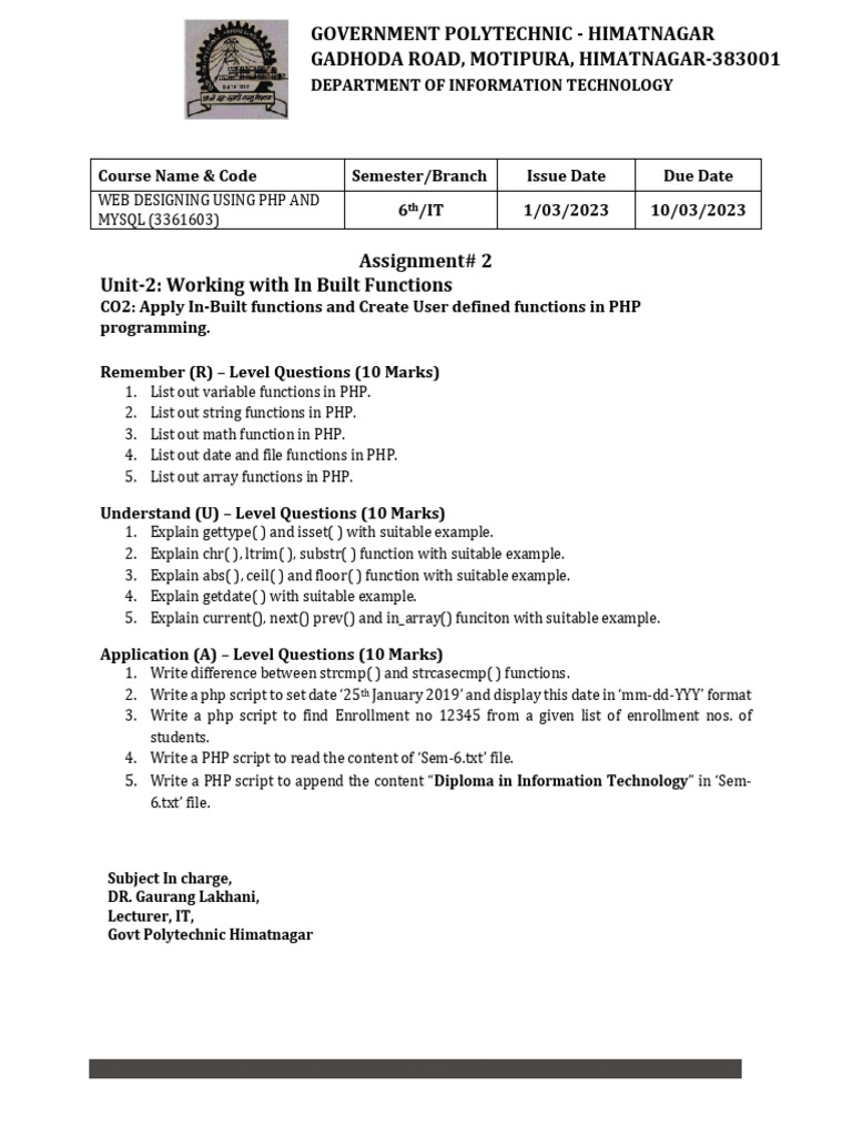 Assignments 2 PHP-2022-23 | PDF Assignments 2 PHP-2022-23 | PDF