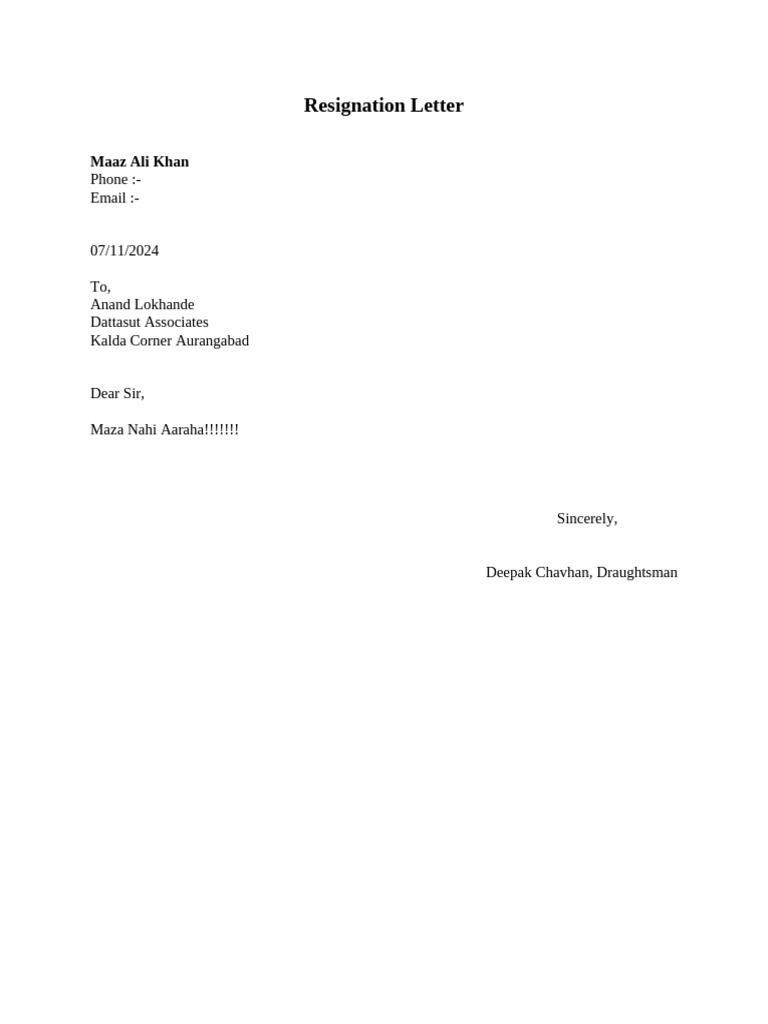 Resignation Letter from Deepak Chavhan | PDF