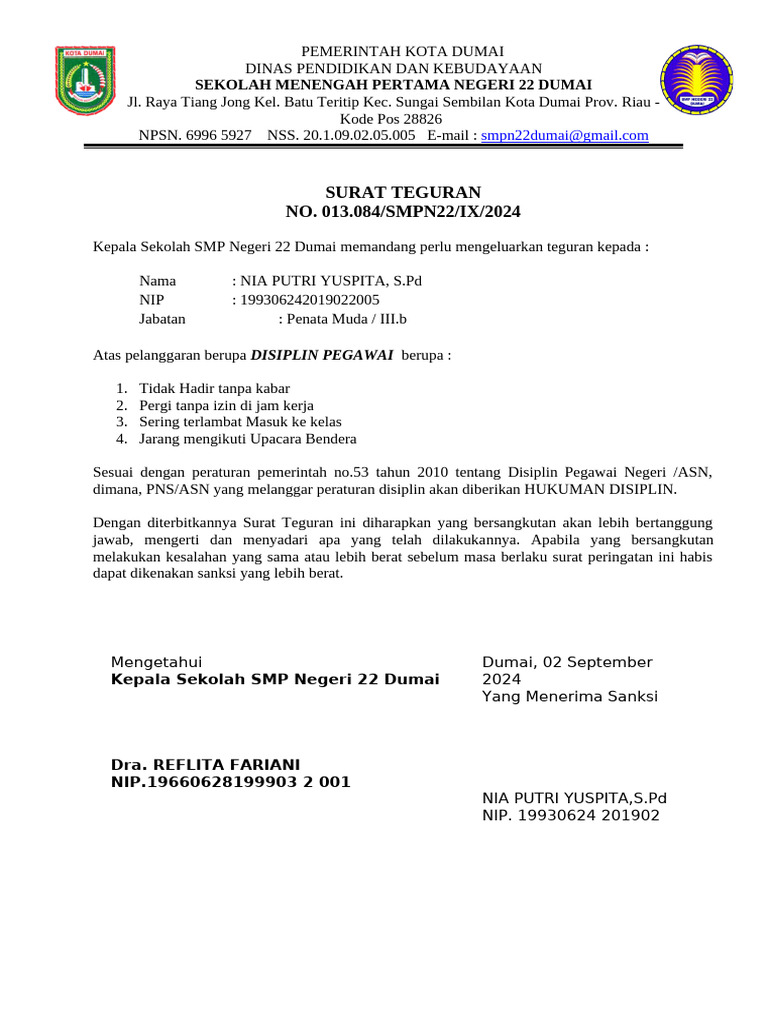 Surat Teguran Disiplin ASN SMPN 22 | PDF