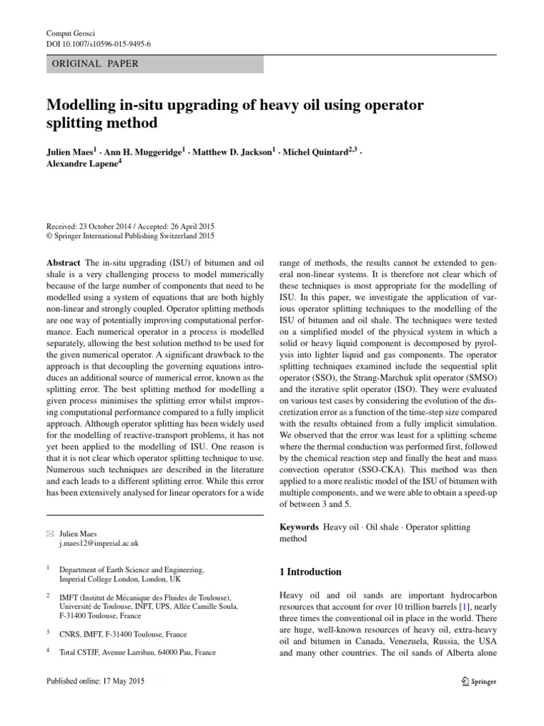 Modelling In-Situ Upgrading of Heavy Oil Using Operator Splitting Method | PDF | Phase (Matter ...