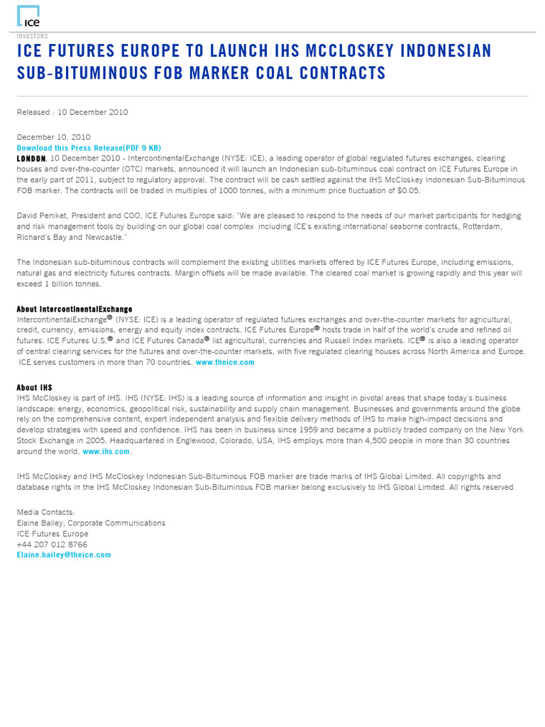 Ice Futures Europe To Launch Ihs Mccloskey Indonesian Sub-Bituminous ...