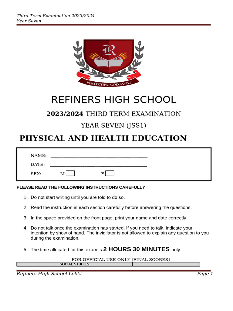 Phe Year 7 Third Term Exam (20232024 Session) | PDF | Physical Fitness | Volleyball
