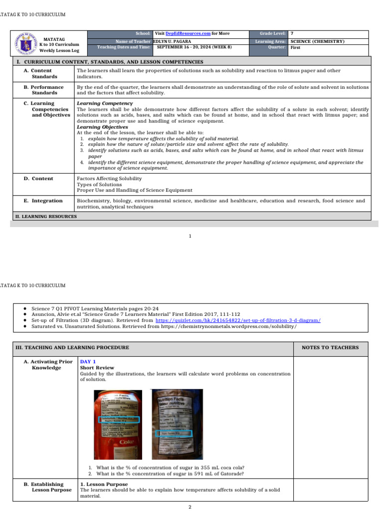 DLL Matatag - Science 7 Q1 W8 | PDF | Solubility | Water
