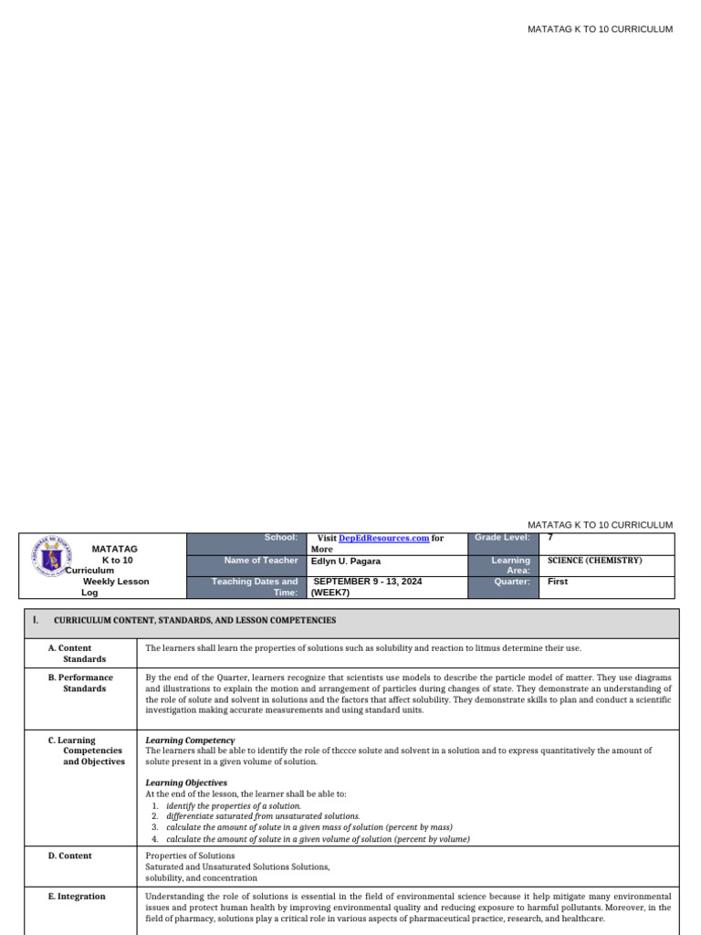 DLL Matatag - Science 7 q1 w7 | PDF | Mixture | Solubility