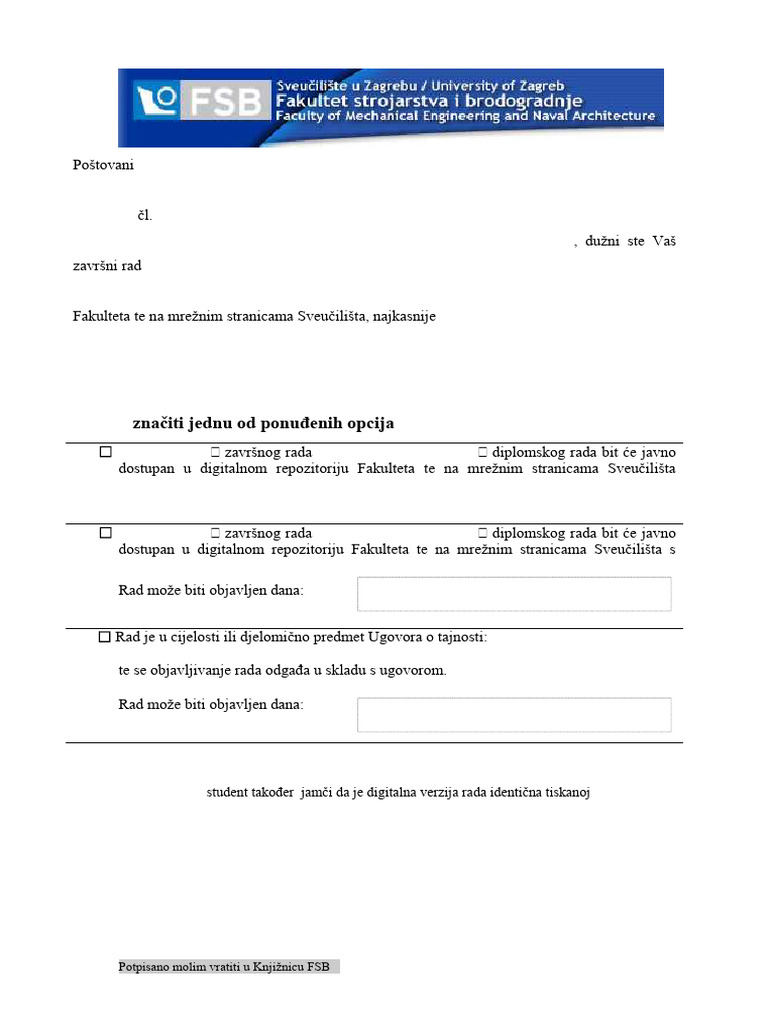IZJAVA o Objavljivanju Cjelovitog Teksta Diplomskog I Zavrsnog Rada - 2021 - FINAL | PDF