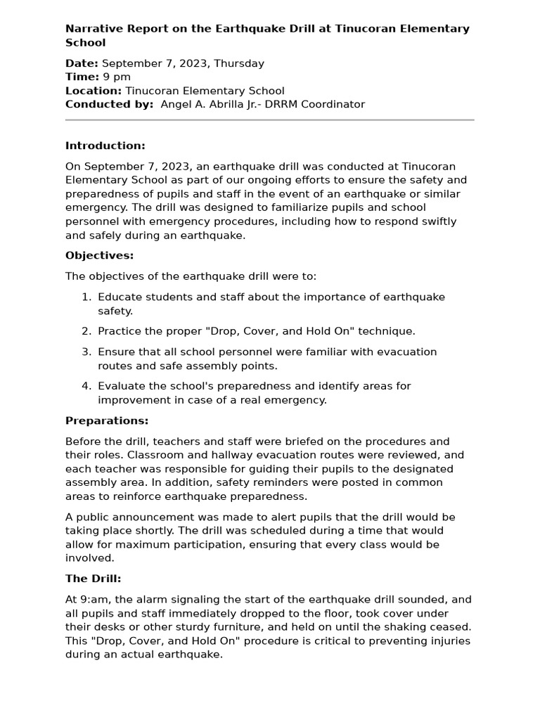 Narrative Report On The Earthquake Drill at TES Sept7 2023Q3 | PDF ...