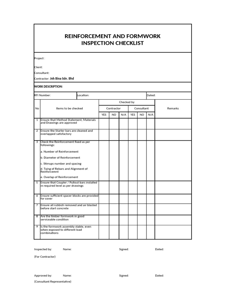 Reinforcement and Formwork Inspection Checklist | PDF | Technology & Engineering