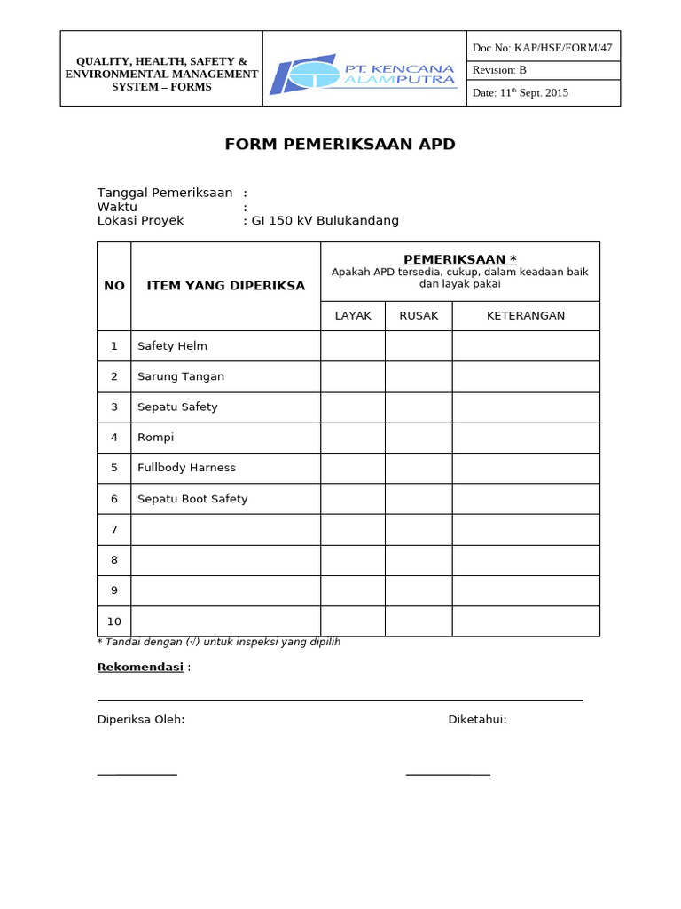 Form Pemeriksaan APD | PDF