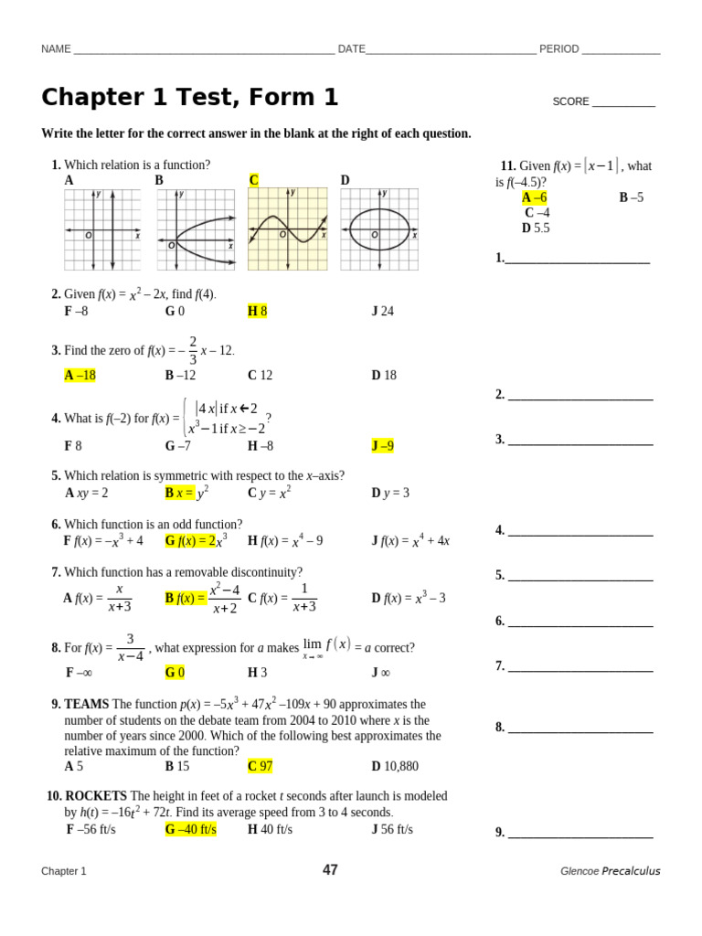 Precal Chapter 1 Test Key | PDF | Mathematical Concepts | Theoretical ...
